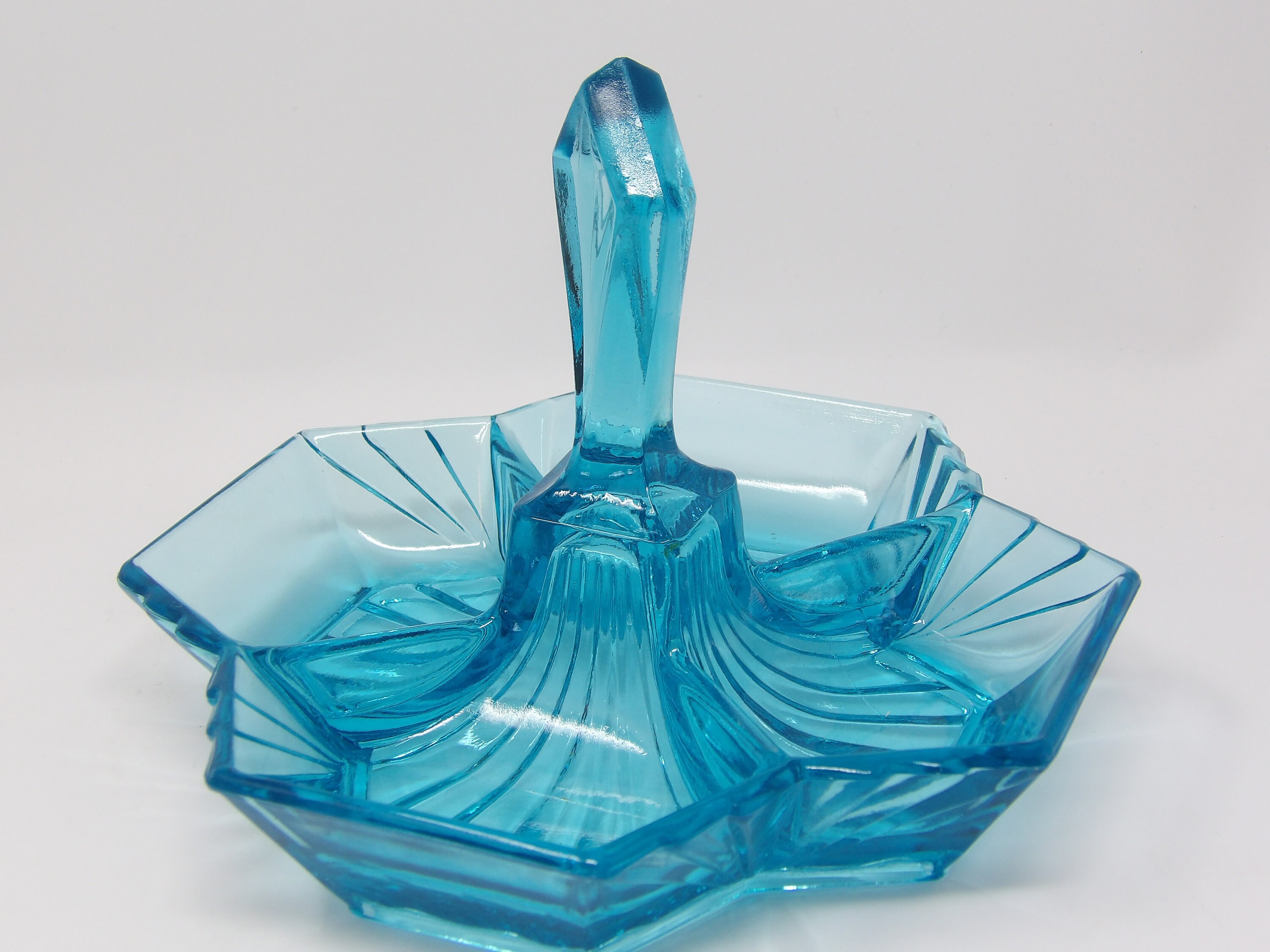 Vintage Tiara Indiana Glass Blue Art Deco Pyramid Handled 4 Part Relish ...