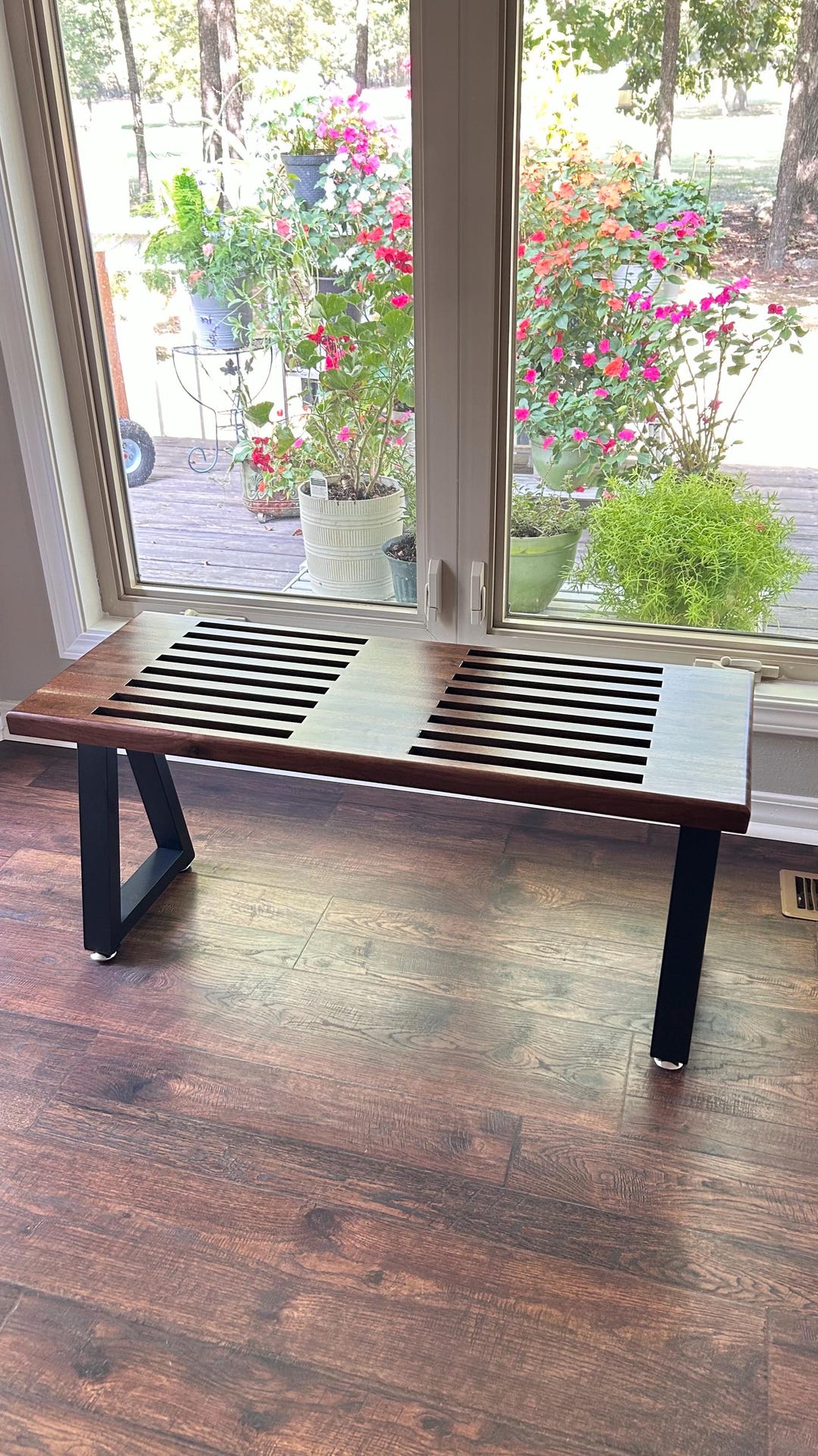 Short Walnut Slatted Bench: Mid-century Modern Metal Legs - Etsy