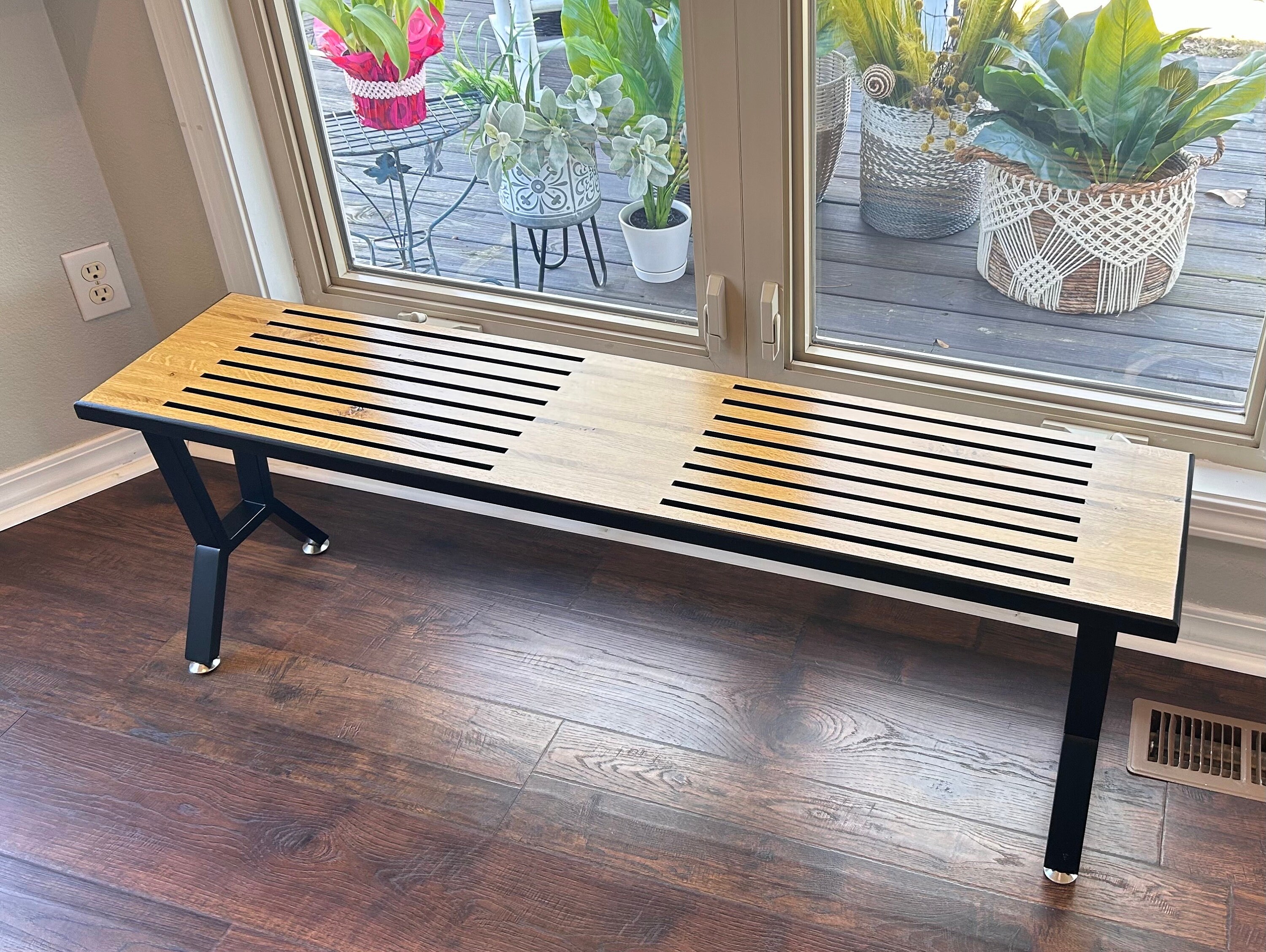 Designer Oak Bench Slimline With Black Edging, Slatted, Modern Metal ...