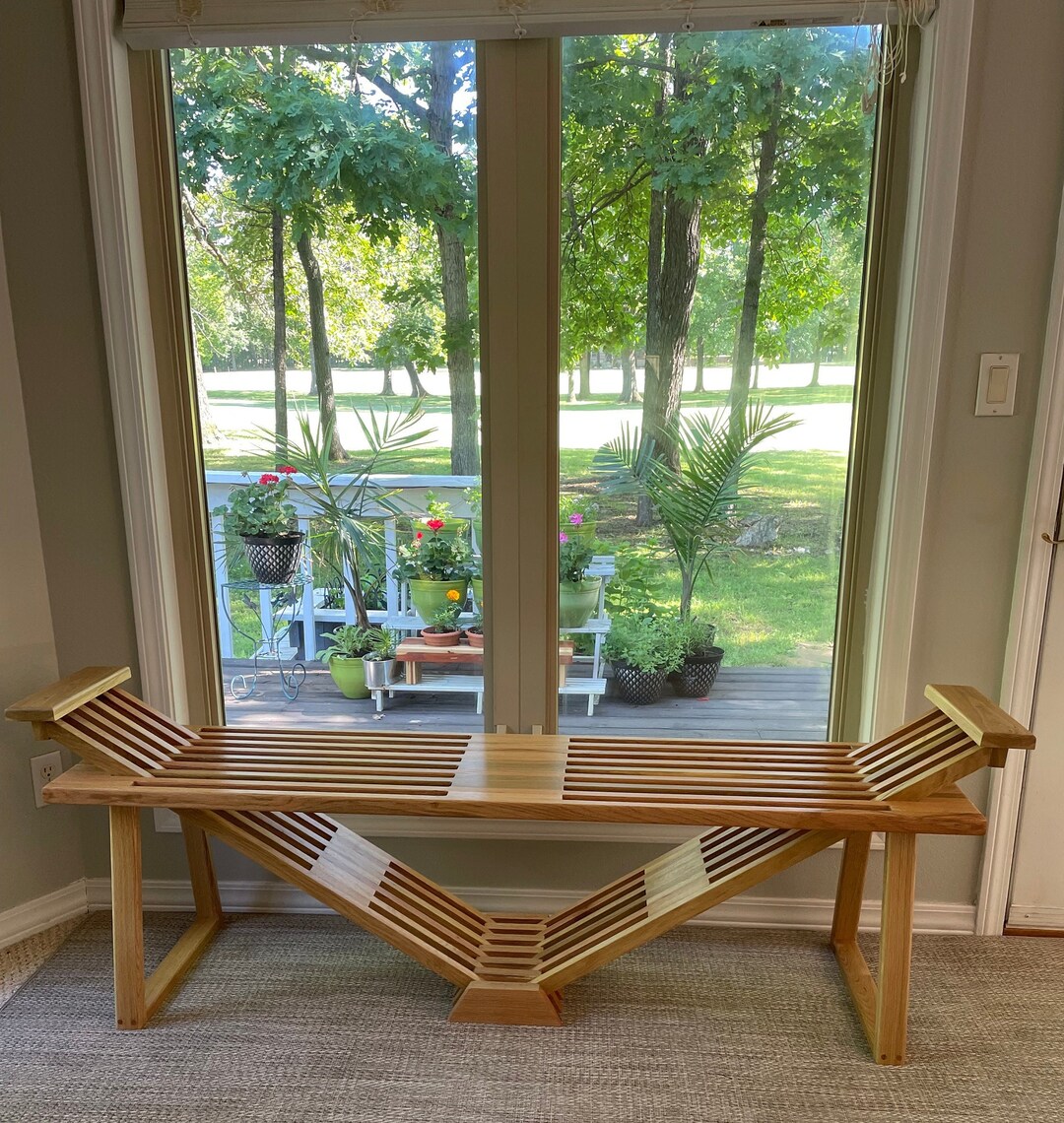 Modern Slatted Oak Bench Strong Stable Unique Designer Piece Sunroom ...