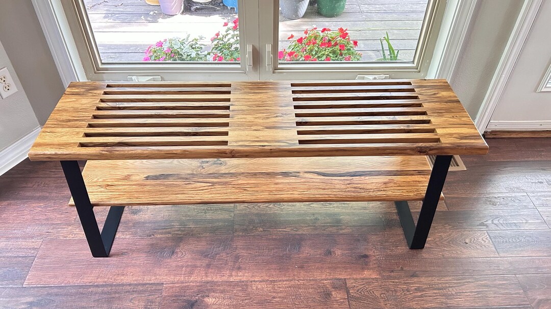 Oak Slatted Bench, Rustic, Unique Color Wood, Mid-century Modern ...