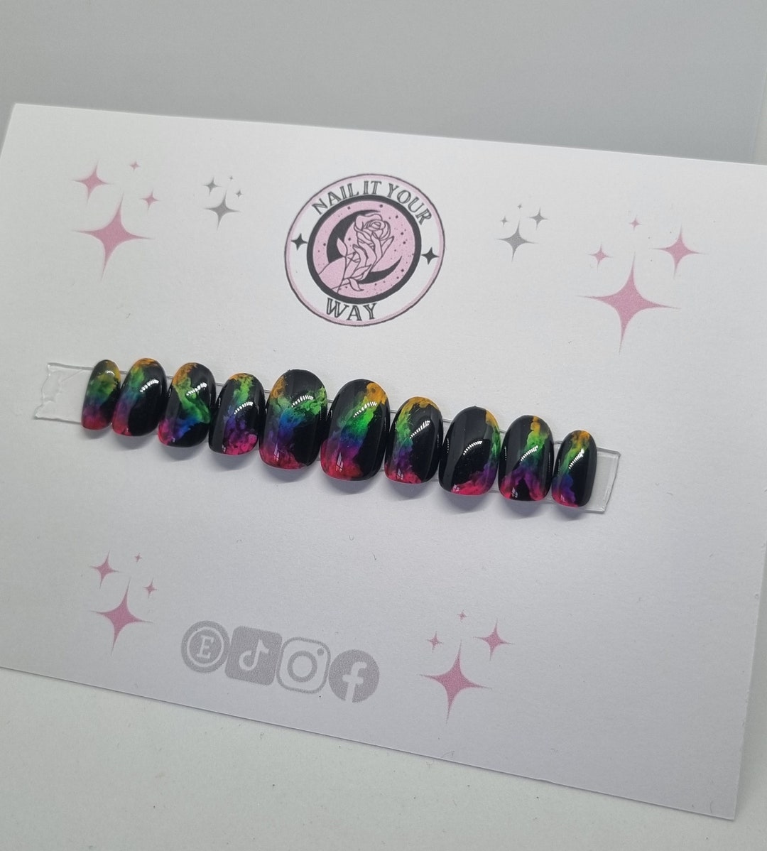 Neon Rainbow Smoke Effect Custom Press on Nails • Pre-sized • Temporary ...