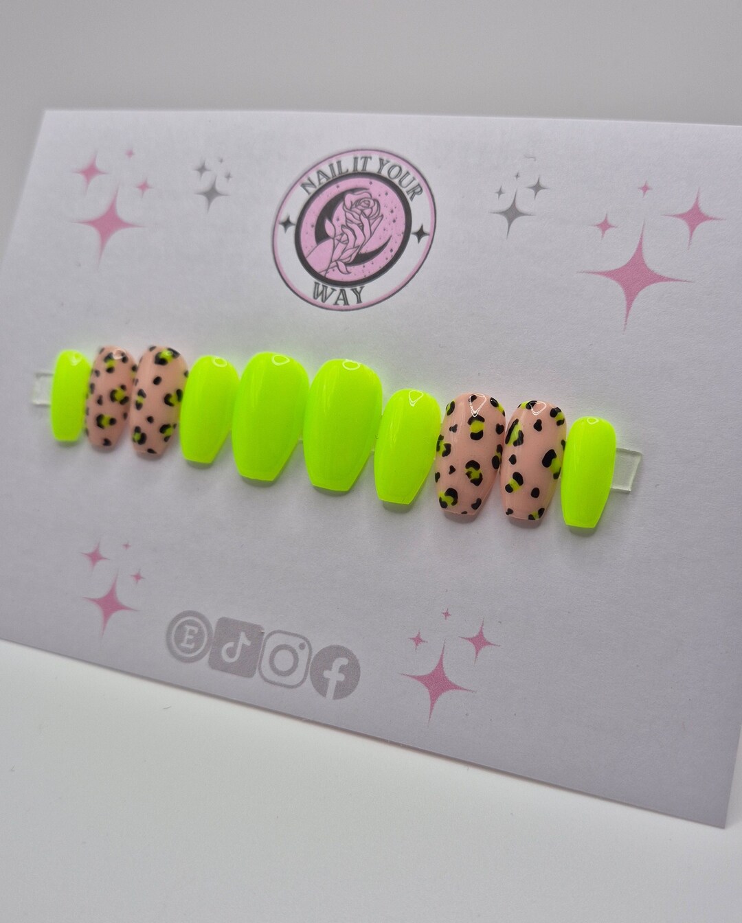 Neon UV Lime Green Leopard Print Custom Press on Nails • Stick on • Pre ...