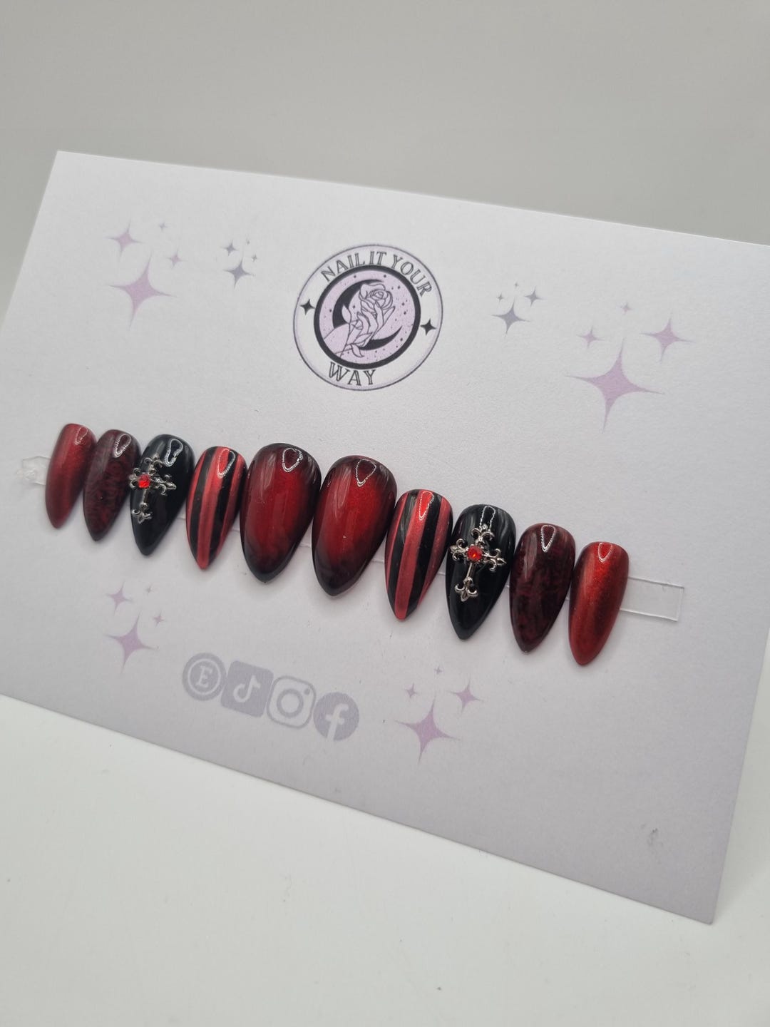 3D Cross Black & Red Chrome Custom Press on Nails• Pre-sized • 20 Set ...