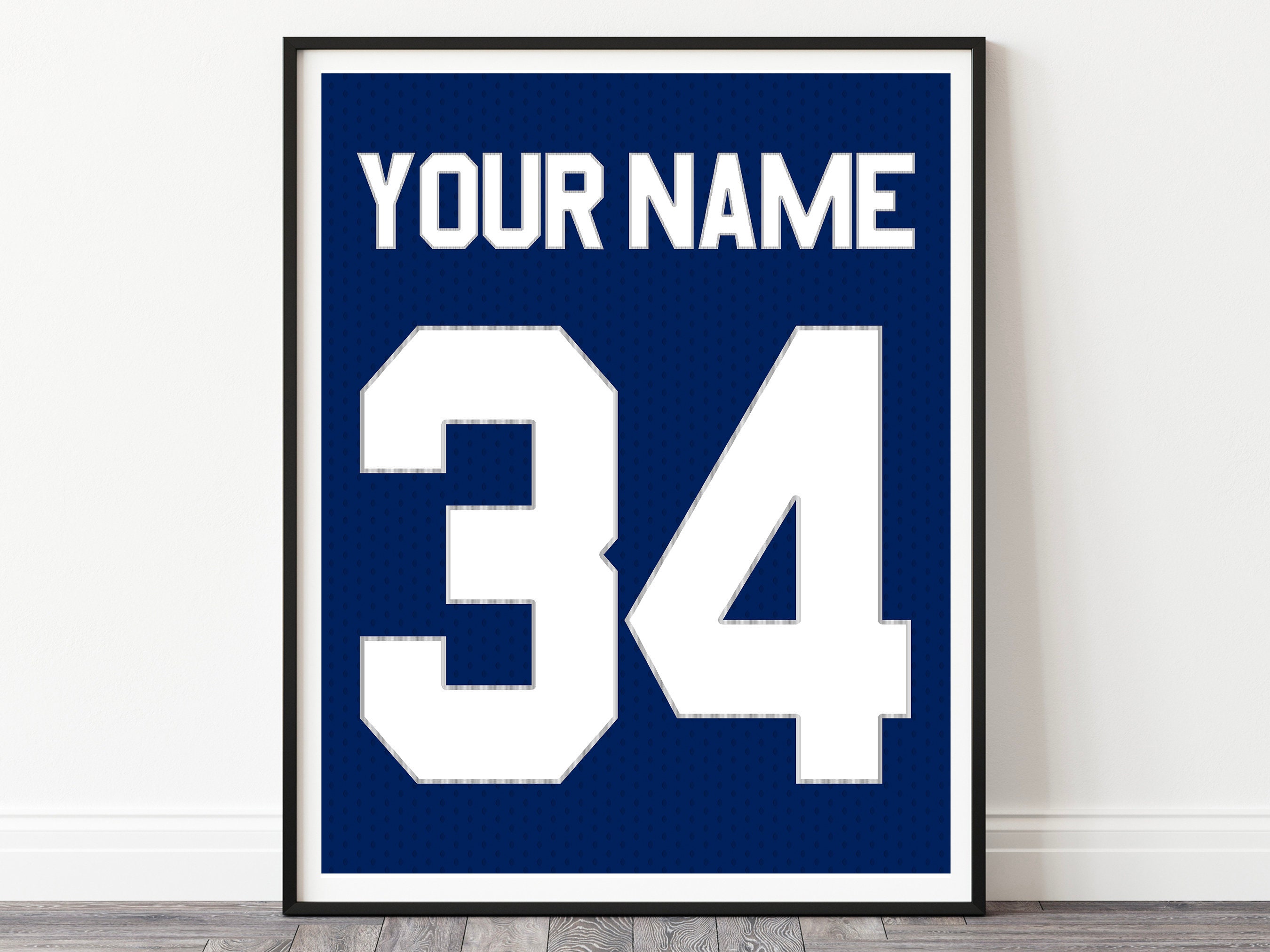 Custom Jersey Poster, Blue White Personalized Jersey Art, Custom Sports ...