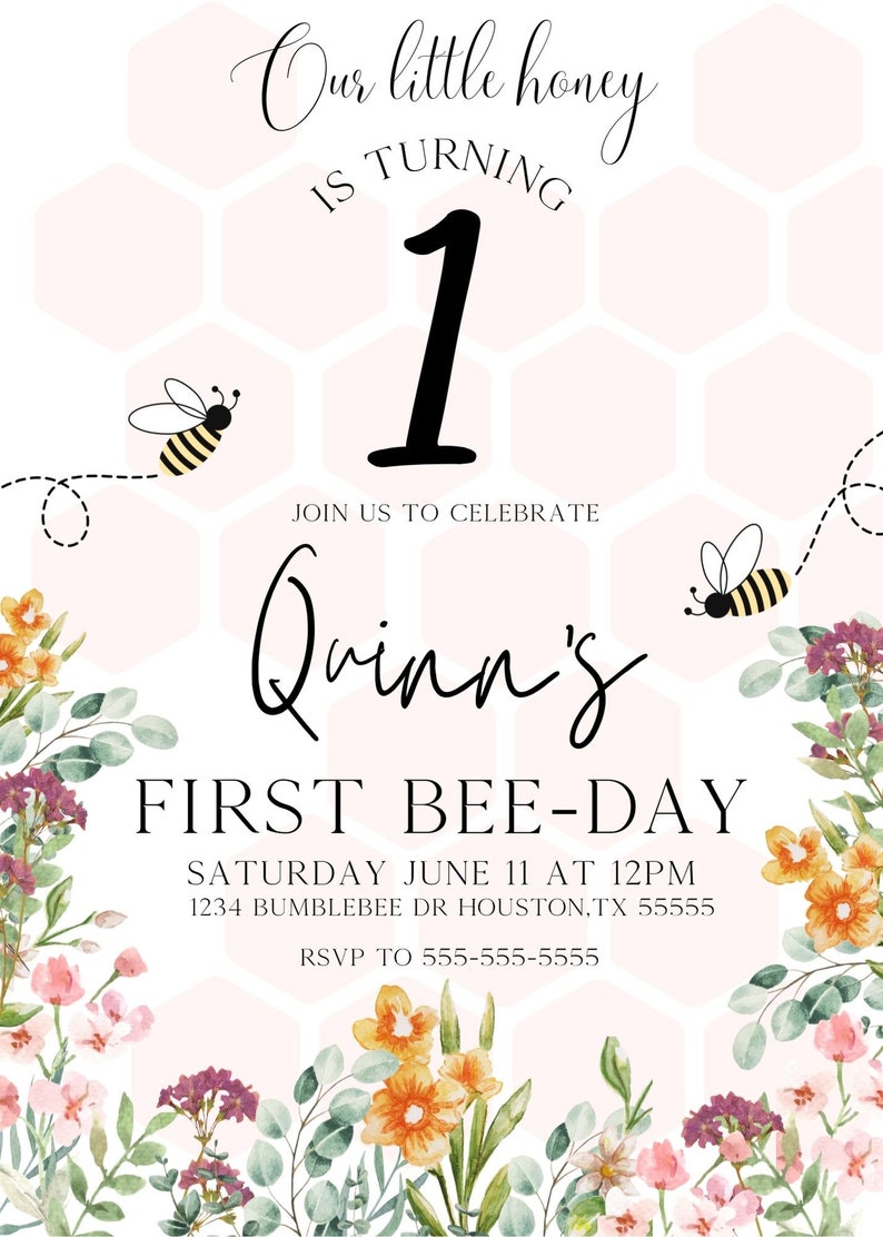 First Bee-day Invitation Instant Download Birthday Invitation - Etsy