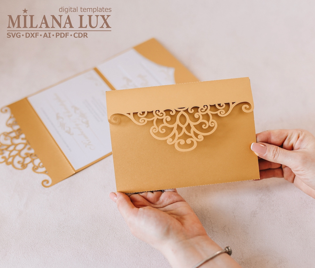 Plantilla de invitación de boda Svg Trifold, sobre de bolsillo ...