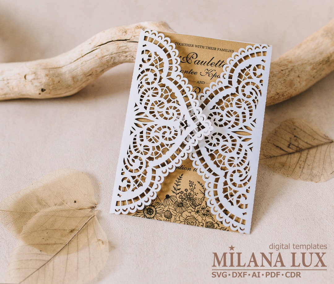 Lace Rustic Invitation Svg Template, Lace Gate Fold Invitation With ...