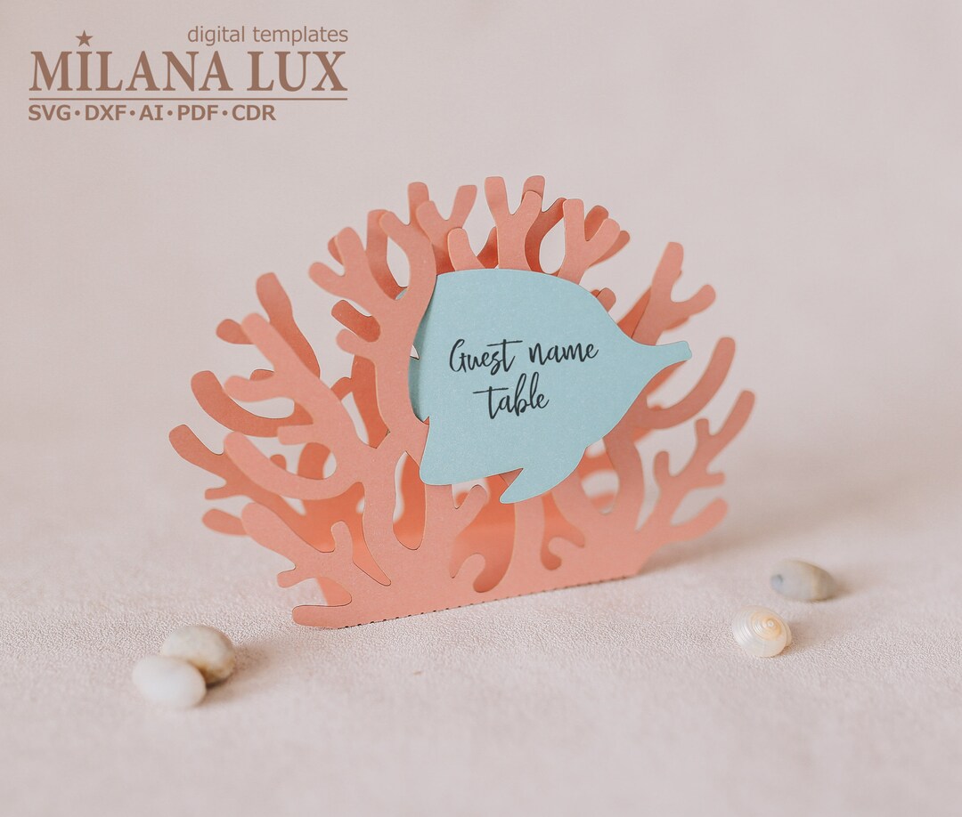 Coral Place Card Svg Template, Sea Beach Wedding Escort Cards, Coral ...
