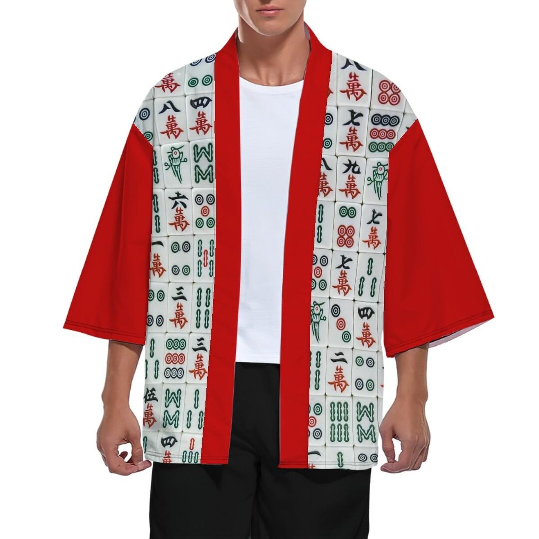 Stylish Men's Red Mahjong Tile Design Kimono Cardigan - Perfect for ...