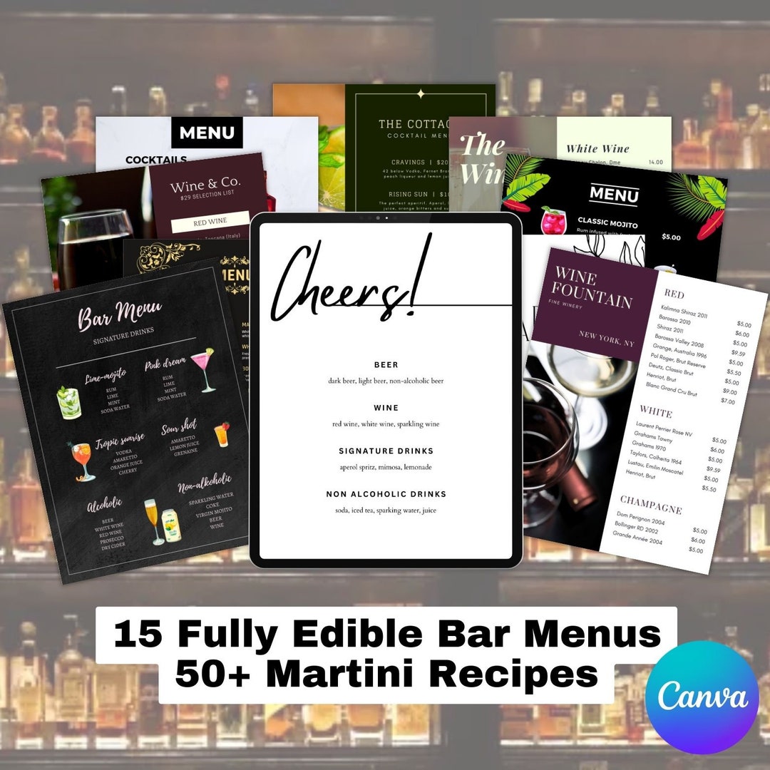Editable Bar Menu Templates, Martini Recipes, Canva Bundle (digital ...