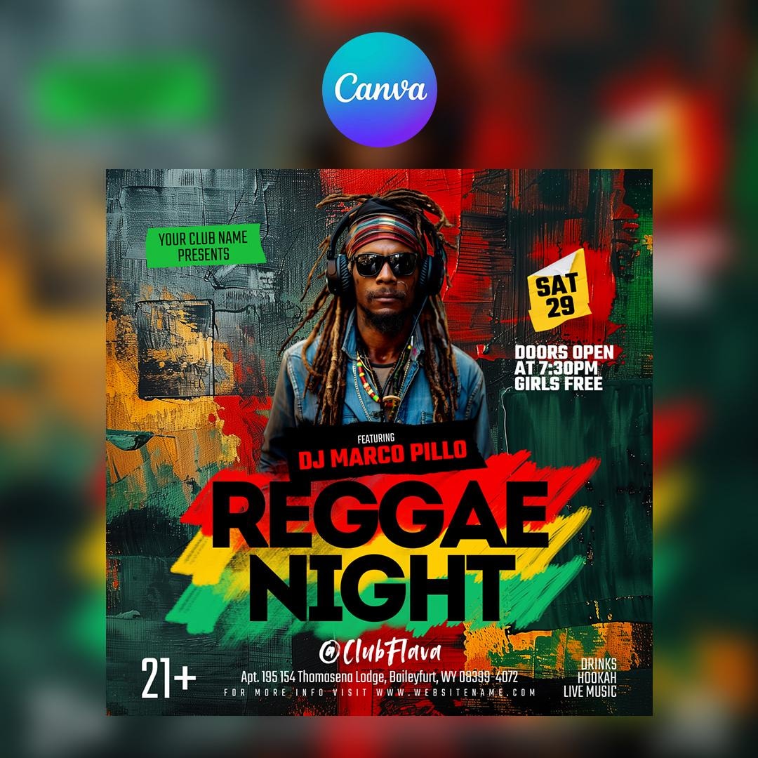 Reggae Flyer for Canva, DIY Event Flyer, Reggae Template, Reggaeton ...