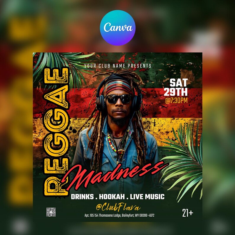 Reggae Flyer for Canva, DIY Event Flyer, Reggae Template, Reggaeton ...