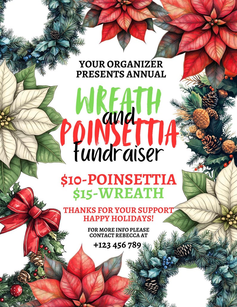 Editable Wreath and Poinsettia Flyer Template for Canva, Christmas ...