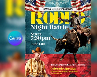Rodeo Night Battle Flyer | Wild West Cowboy Event | Editable Canva ...