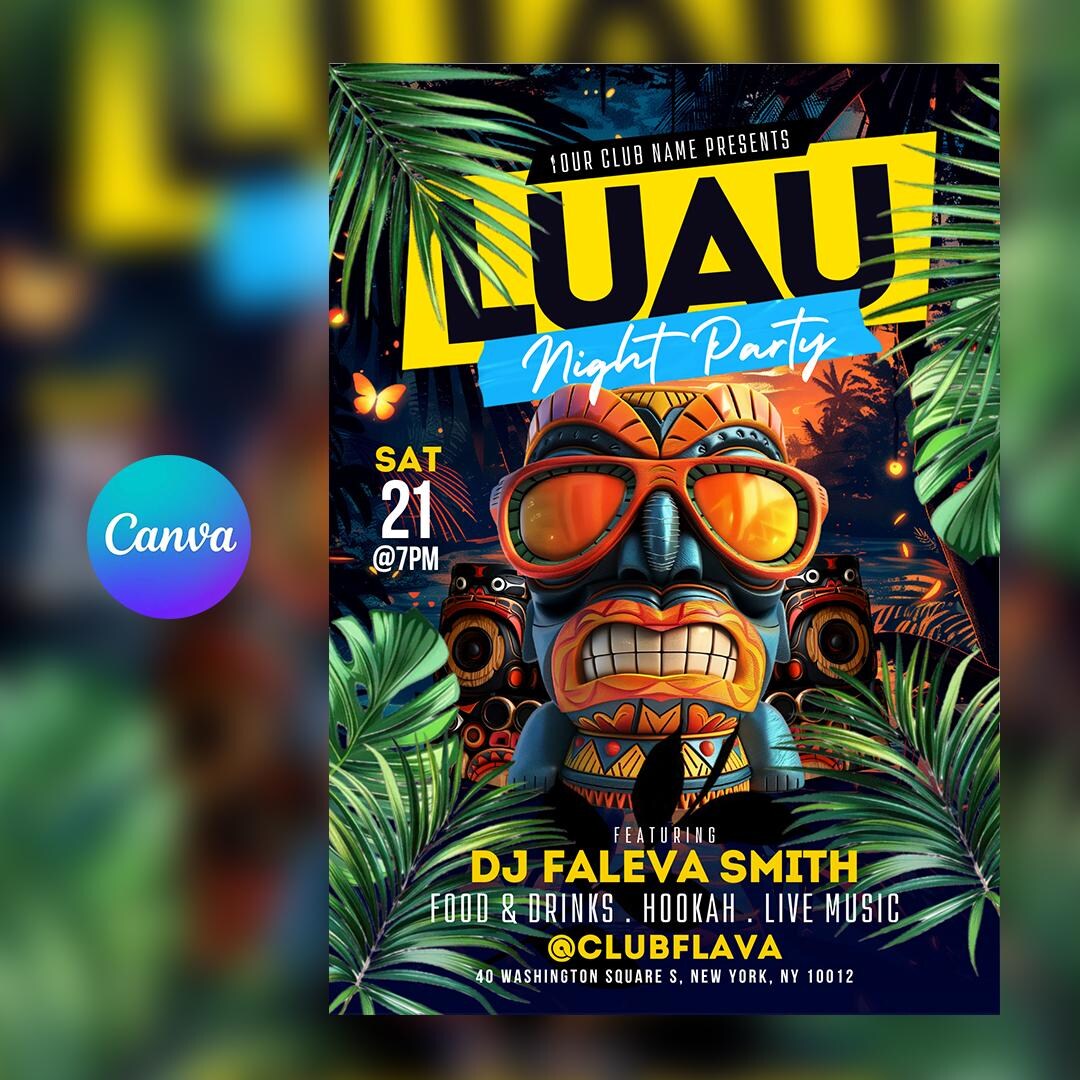 Tiki Bar Flyer Template Canva - Tropical Party Invite, Luau Event ...