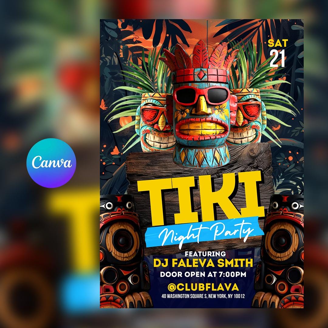 Tiki Bar Flyer Template Canva - Tropical Party Invite, Luau Event ...