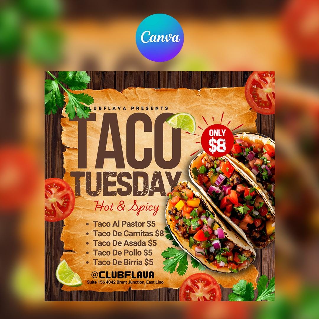 Editable Taco Flyer Template for Canva, Taco Flyer, Restaurant Flyer ...
