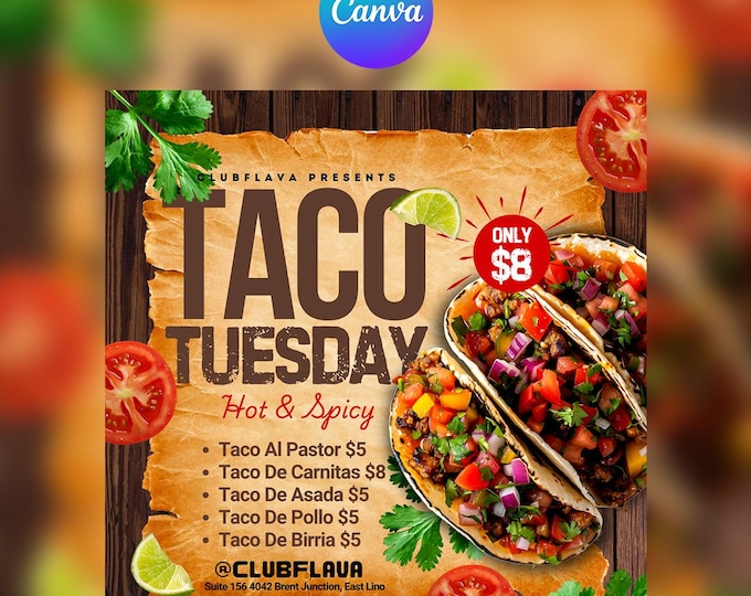 Editable Taco Flyer Template for Canva, Taco Flyer, Restaurant Flyer ...