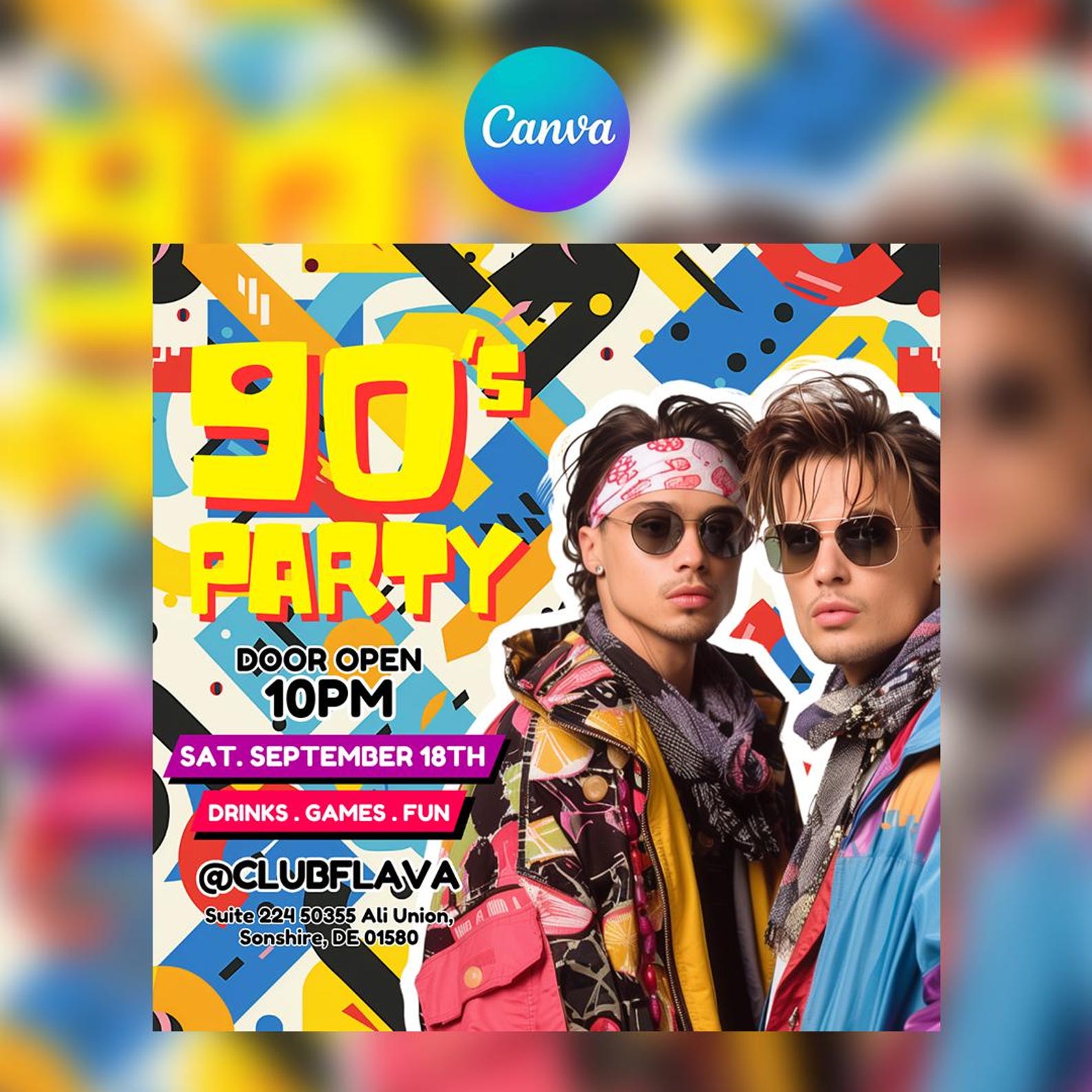 90s Party Flyer | Retro Club Event Invitation | Editable Canva Template ...
