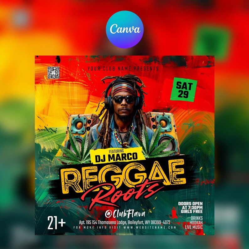 Reggae Flyer for Canva, DIY Event Flyer, Reggae Template, Reggaeton ...