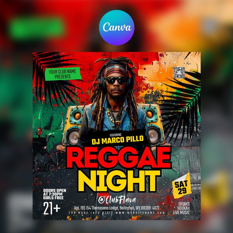 Reggae Flyer for Canva, DIY Event Flyer, Reggae Template, Reggaeton ...