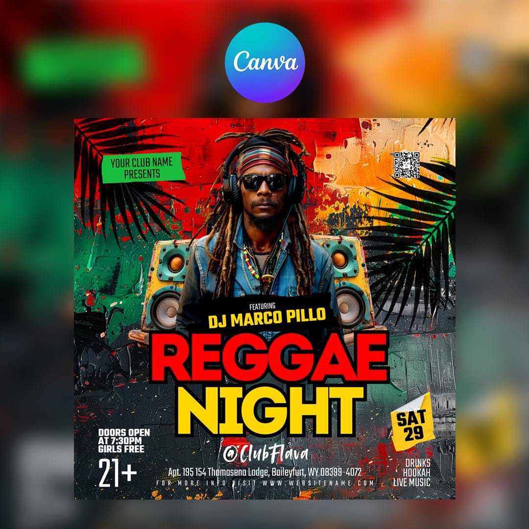 Reggae Flyer for Canva, DIY Event Flyer, Reggae Template, Reggaeton ...