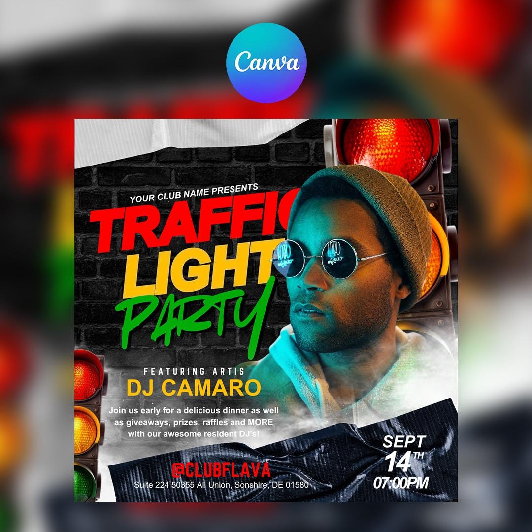 Traffic Light Party Flyer | Club Event Invitation | Editable Canva ...
