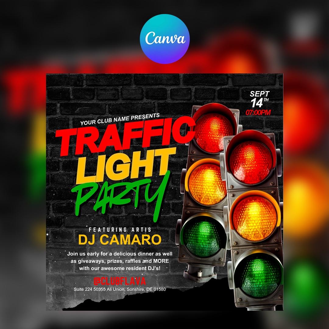 Traffic Light Party Flyer | Club Event Invitation | Editable Canva ...