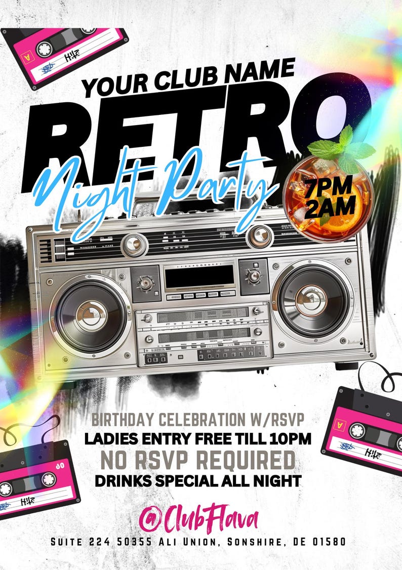 Retro Night Party Flyer | 80s 90s Club Event Invitation | Editable ...