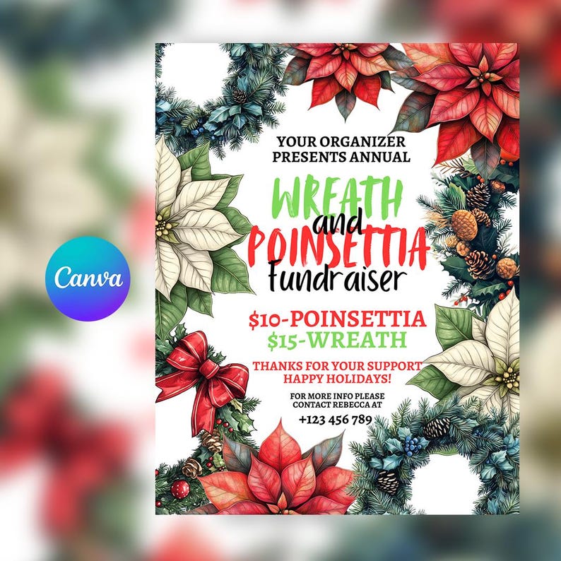 Editable Wreath and Poinsettia Flyer Template for Canva, Christmas ...