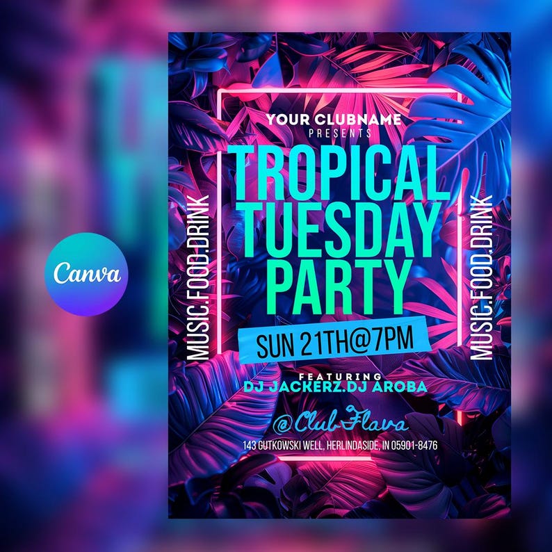 Editable Club Flyer Template for Canva, DIY Event Flyer, Tropical Party ...