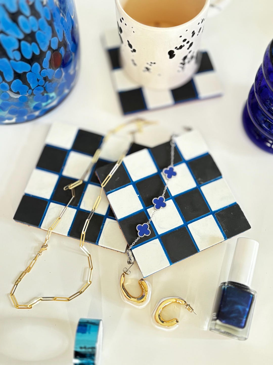 ATHENS 4x4 Checkered Ceramic Tile Coasters With Blue Detail ( 2 ...
