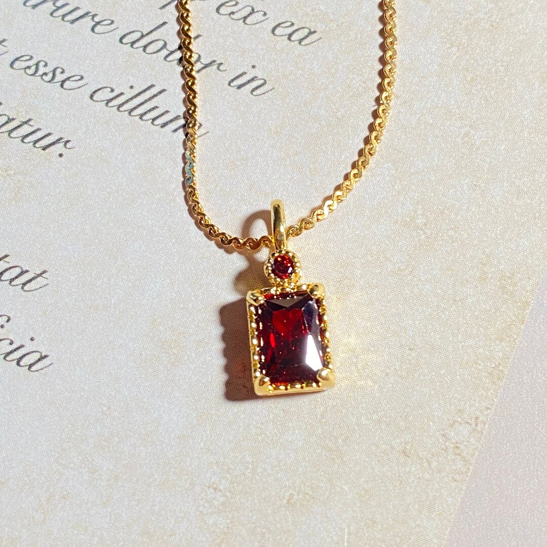 Vintage 18K Gold Plated Ruby Pendant Necklace, Red Crystal Necklace ...