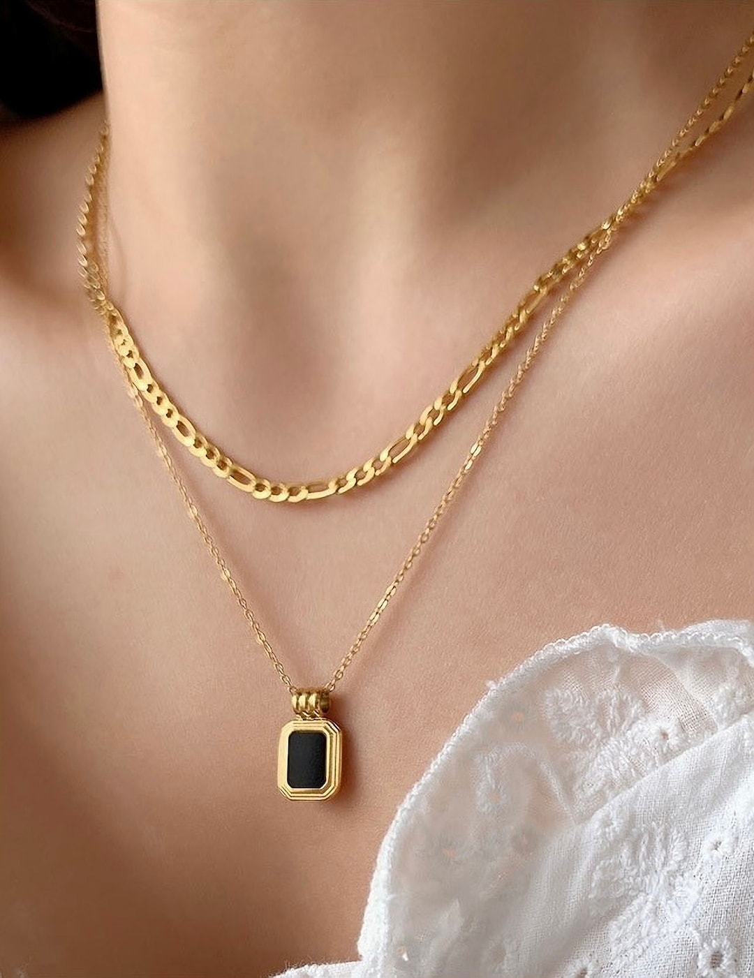 Vintage Gold Double Layered Necklace With Black/ White Mother - Etsy UK