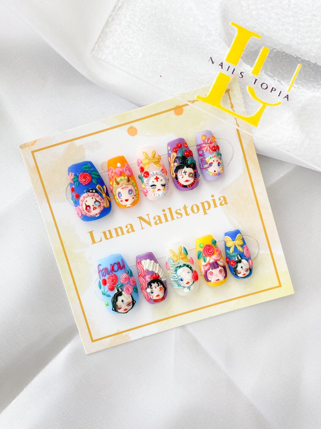 Colorful Puppet Doll Matte Halloween Press on Nail Luxury Hand Painted ...