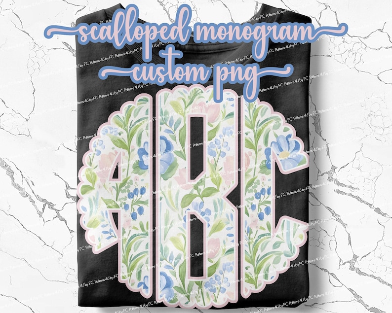 Custom Grandmillennial Monogram PNG Pastel Floral Scallop Edge Monogram ...
