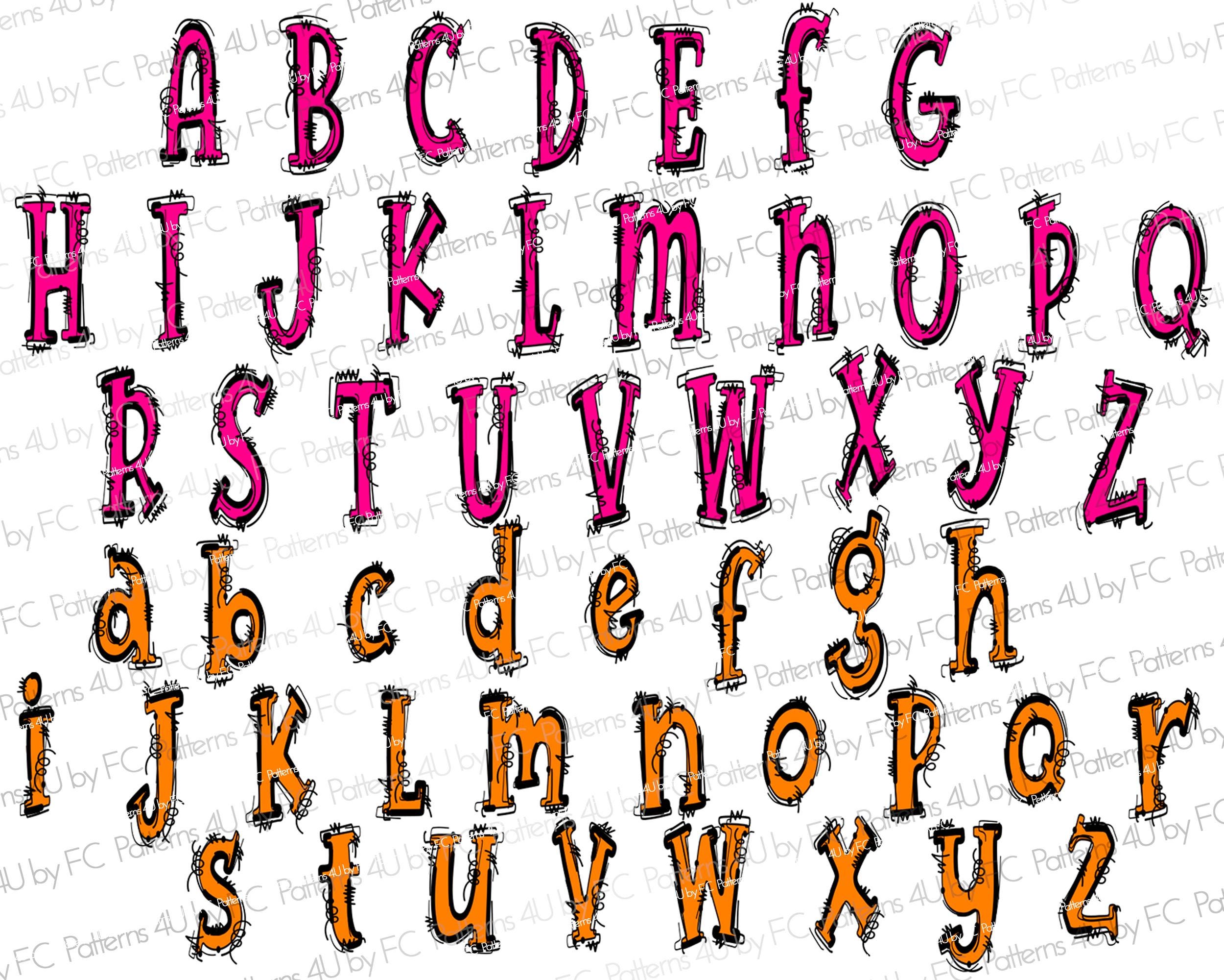 Scribble Letters, Bright Doodle Alphabet, PNG Font Clipart Bundle, Back ...
