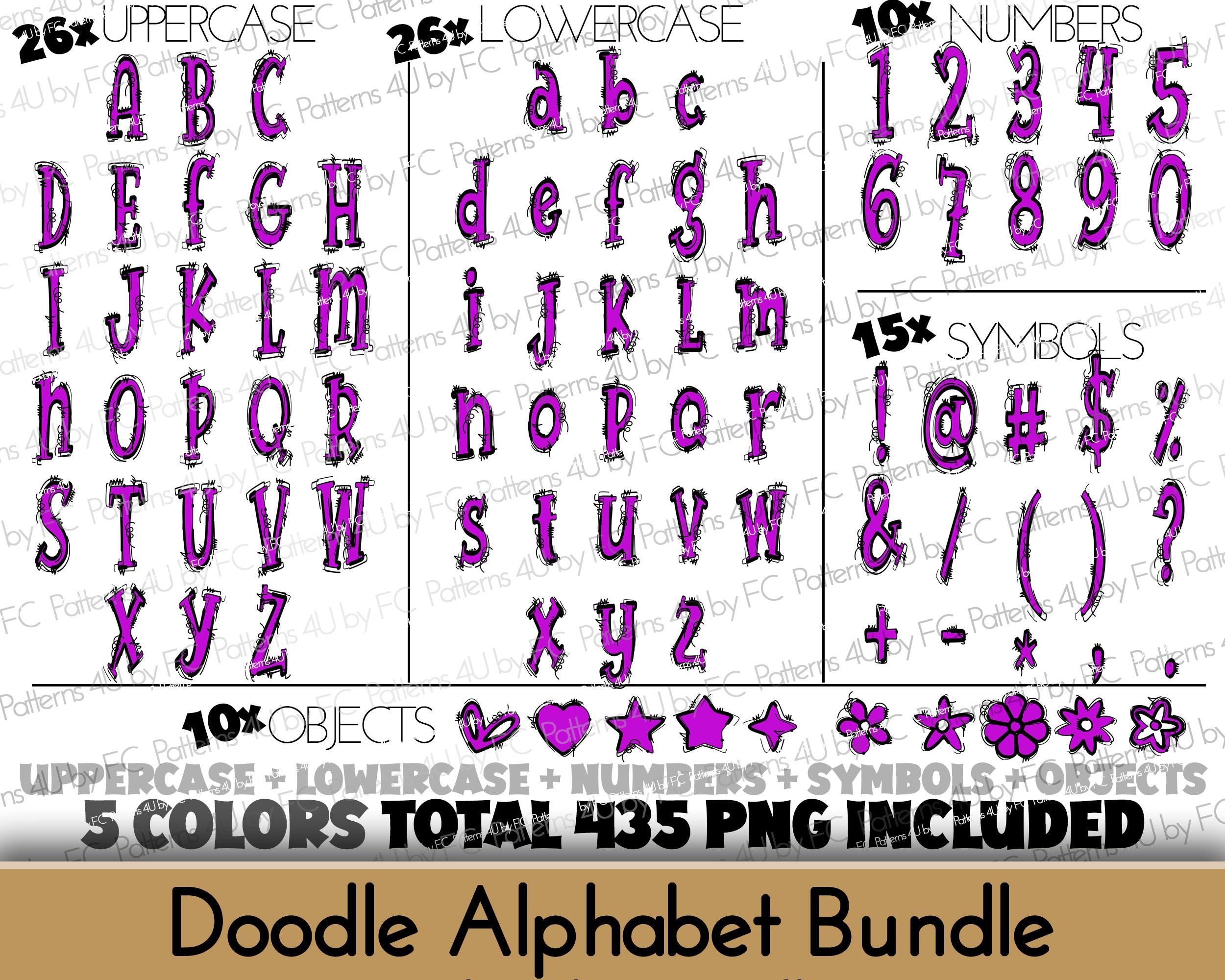 Scribble Letters, Bright Doodle Alphabet, PNG Font Clipart Bundle, Back ...