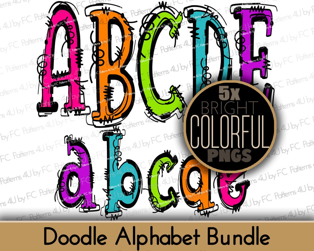 Scribble Letters, Bright Doodle Alphabet, PNG Font Clipart Bundle, Back ...