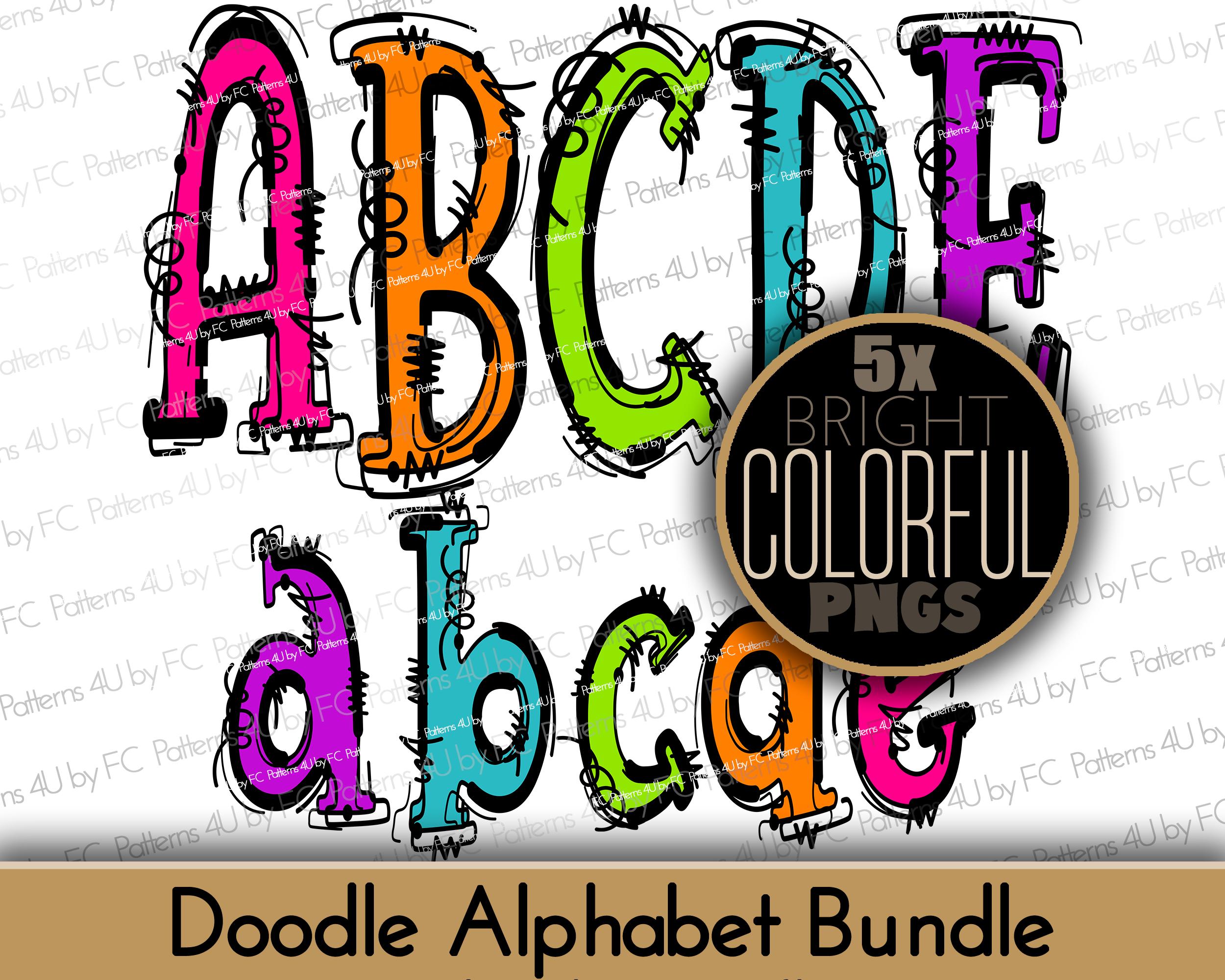 Scribble Letters, Bright Doodle Alphabet, PNG Font Clipart Bundle, Back ...