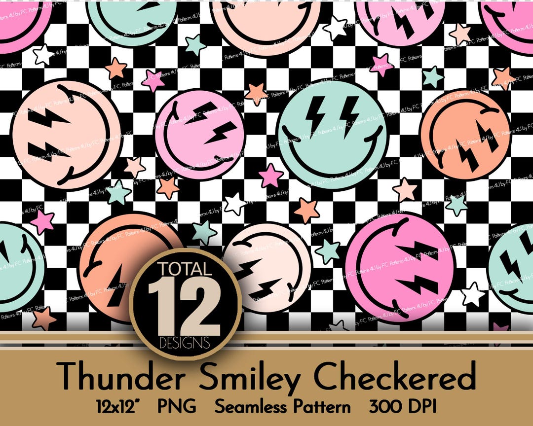 Checkered Smiley Lightning Thunder Happy Face Seamless Pattern PNG ...
