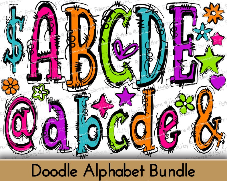 Scribble Letters, Bright Doodle Alphabet, PNG Font Clipart Bundle, Back ...