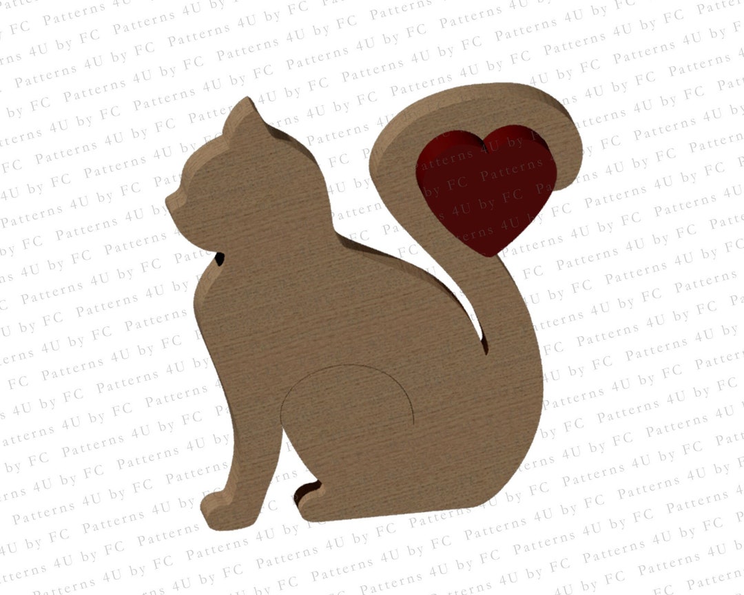 Cat Love, Scroll Saw Pattern, Cat Holding Heart With Tail (PDF, PNG, JPG), 3d Puzzle, Scroll Saw ...