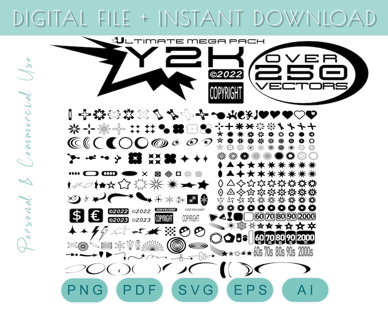 Y2K Over 250 Vectors Svg, Ai, Eps, Pdf, Png, 80s, Back to 90s, 2000s - Etsy