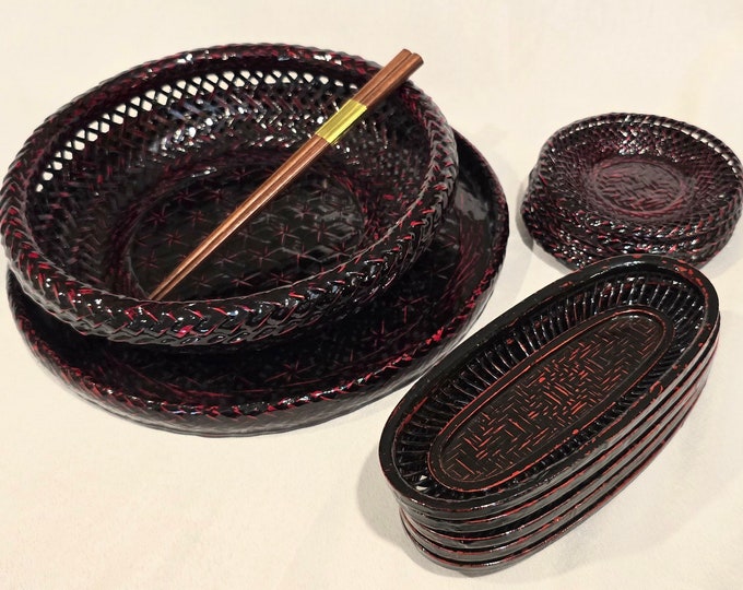 Red Japanese Bamboo Woven Laquerware Set - Etsy