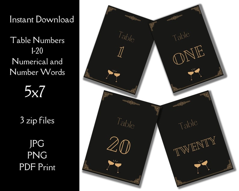 Art Deco Table Numbers Sign Printable Great Gatsby Table Numbers Murder ...
