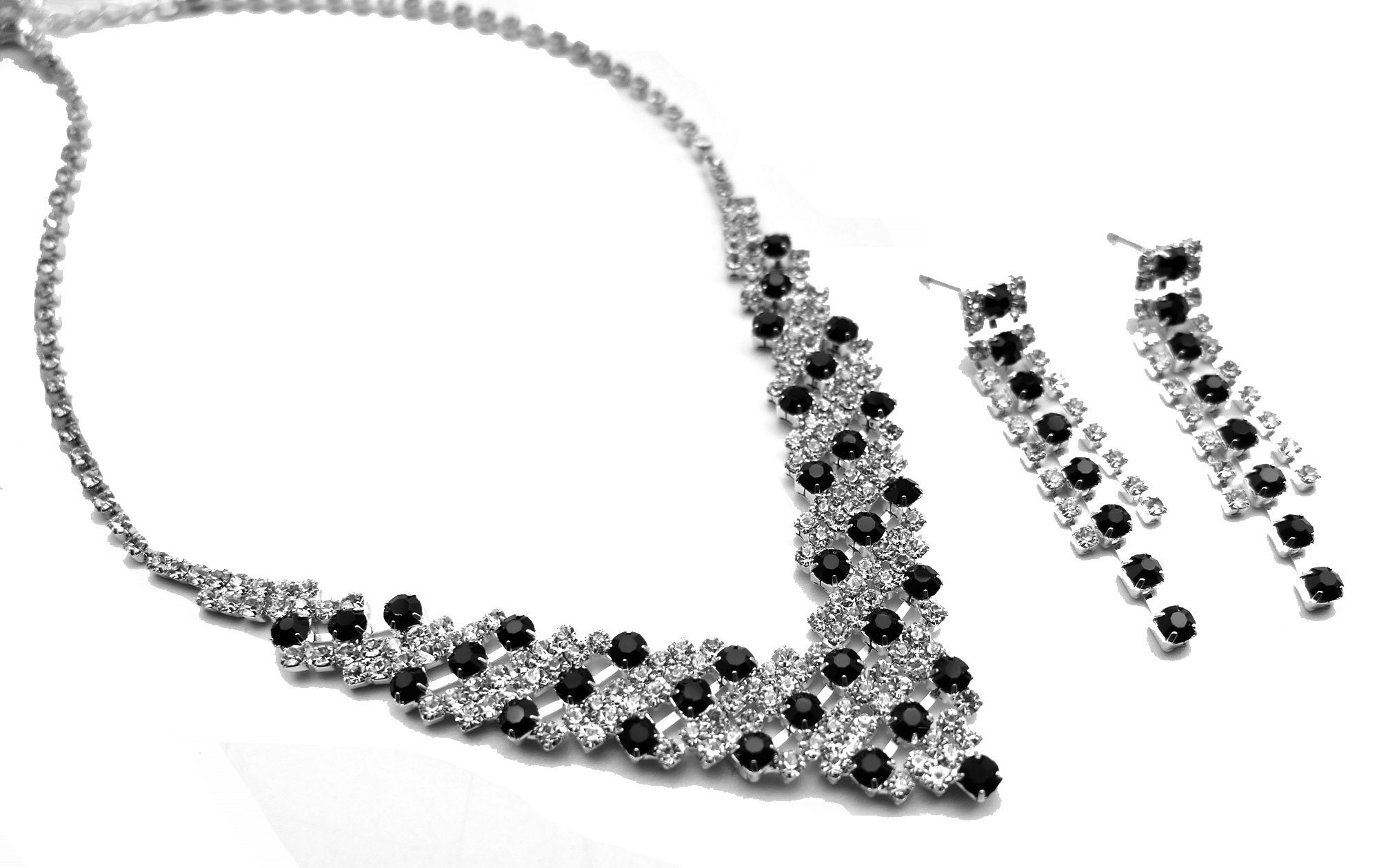 V Shape Black And Clear Crystals Collar Necklace Earrings Set