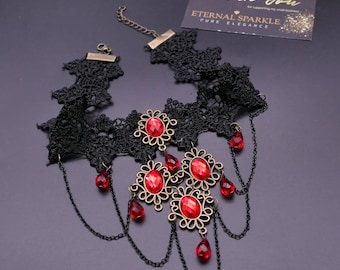 Victorian Gothic Lace Choker Necklace Ruby Red Pendant & Swarovski ...