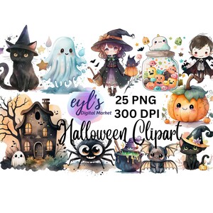 25 Watercolor Halloween Cute Clipart, Vampire Bat Witch Pumpkin Clipart ...